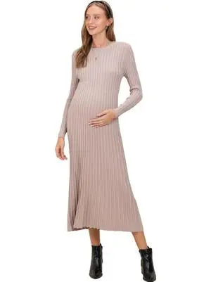 PINKBLUSH Ribbed Long Sleeve Sweater Midi Dress - Beige