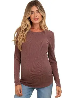 PINKBLUSH Ribbed Scoop Neck Long Sleeve Top - Brown