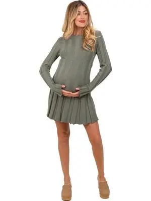 PINKBLUSH Ribbed Mini Sweater Dress - Olive Green