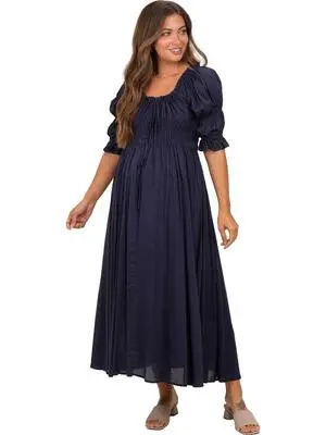 PINKBLUSH Smocked Ruffle Square Neck Midi Dress - Navy Blue