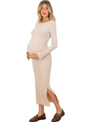 PINKBLUSH Long Sleeve Maternity Maxi Dress - Beige