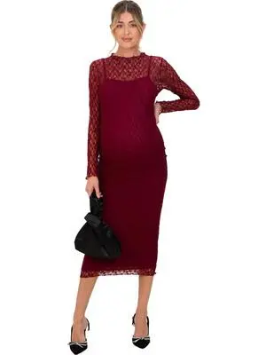 PINKBLUSH Lace Overlay Fitted Maternity Midi Dress - Burgundy