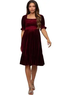 PINKBLUSH Velvet Smocked Puff Sleeve Dress - Burgundy