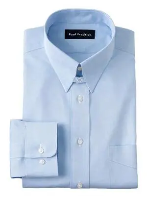 PAUL FREDRICK Non-iron Cotton Pinpoint Solid Snap Tab Collar Dress Shirt Blue