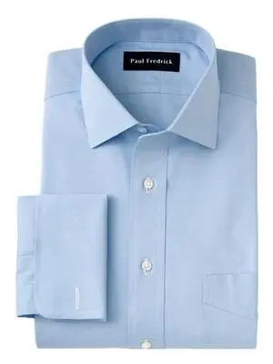 PAUL FREDRICK Non-iron Cotton Pinpoint Solid Spread Collar French Cuff Dress Shirt - Blue