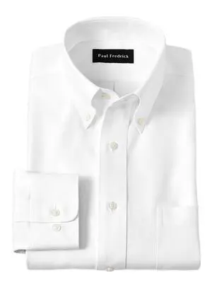 PAUL FREDRICK Non-iron Cotton Herringbone Button Down Collar Dress Shirt - White