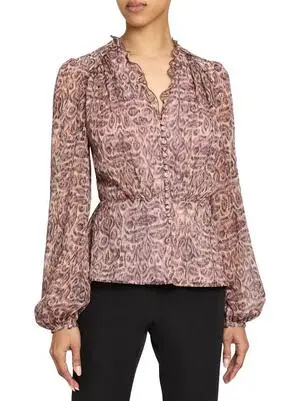 Santorelli Lana Paisley Printed Georgette Long Sleeve Ruffle Top - Dusty Lilac Multi