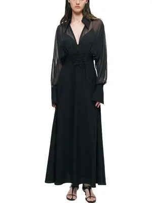 NOCTURNE Sheer Lace-up Waist Maxi Shirt Dress - Black
