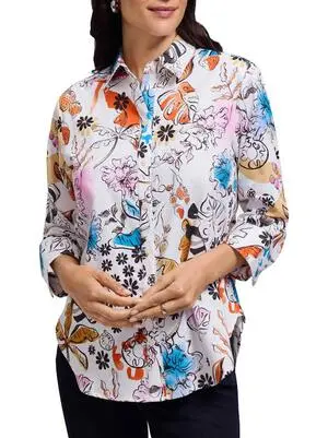 Foxcroft Watercolor Print Cotton Button-up Shirt - White/orange Multi