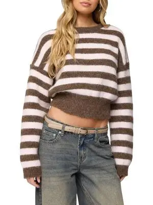 EDIKTED Penelope Fuzzy Stripe Crop Sweater - Brown-and-pink