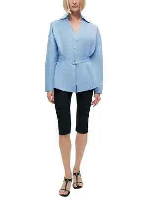 NOCTURNE Belted V-neck Poplin Shirt - Blue