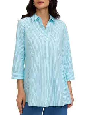 Foxcroft Cotton Stripe Tunic Shirt - Capri Blue/white