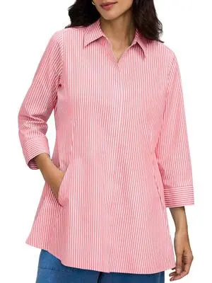 Foxcroft Cotton Stripe Tunic Shirt - Coral Reef Red