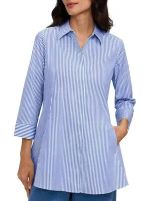 Foxcroft Cotton Stripe Tunic Shirt - Powder Blue/white