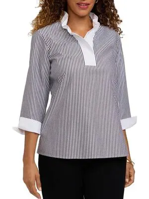 Foxcroft Tammy Ruffle Collar Cotton Top Black/white
