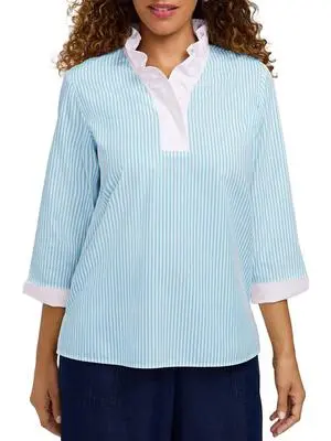 Foxcroft Tammy Ruffle Collar Cotton Top - Capri Blue/white