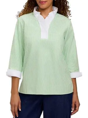 Foxcroft Tammy Ruffle Collar Cotton Top Mojito Green/white