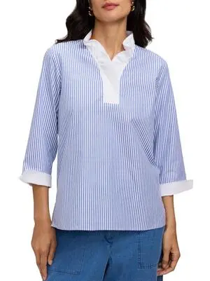Foxcroft Tammy Ruffle Collar Cotton Top - Powder Blue/white