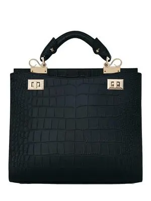 VIE LORIE Top Handle Bag In Croc Embossed Leather - Onyx