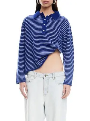 Lioness Striped Long Sleeve Polo Sweater - Blue Stripe