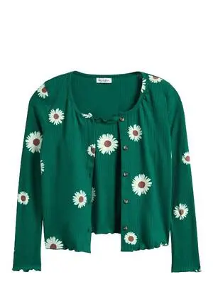 LOVE, FIRE Tank And Cardigan Set Green Floral