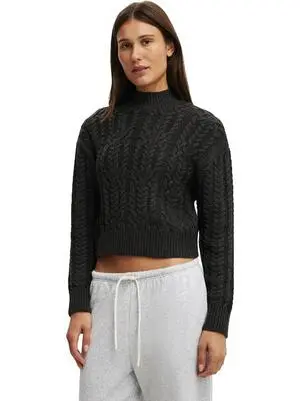 COTTON ON Boxy Mock Neck Cable Knit Sweater - Charcoal Marle