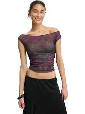 COTTON ON Gathered Mesh Off Shoulder Top - Mira Berry Blurred