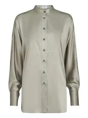 Brunello Cucinelli Mandarin-collar Stretch Silk Shirt - Olive