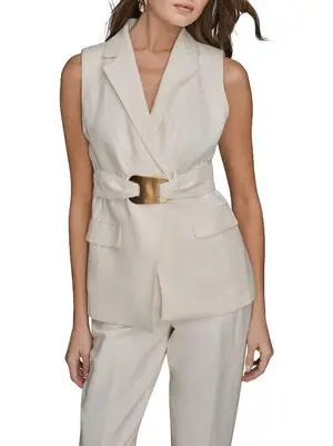 Donna Karan New York Belted Linen Blend Long Vest - Cream