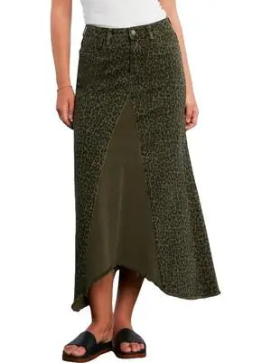 WASH LAB DENIM Leopard Print Pieced Denim Midi Skirt - Green Leopard