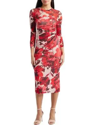Anne Klein Side Ruched Long Sleeve Midi Dress - Rose Mist Multi
