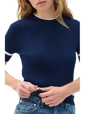 Rag & Bone Kassy Rib Short Sleeve Sweater - Navy