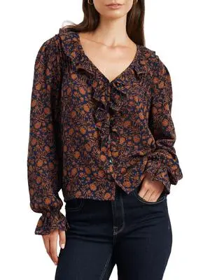PANEROS CLOTHING Long Sleeve Chloe Ruffle Shirt - Navy Batik