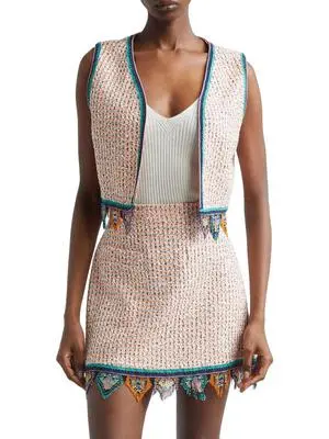 Etro Beaded Fringe Tweed Crop Vest - Multicolour Orange Base