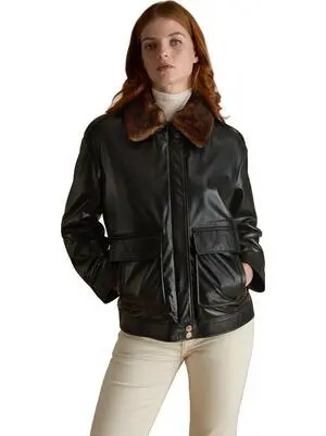 FURNIQ UK Leather Jacket With Detachable Shearling Collar - Black