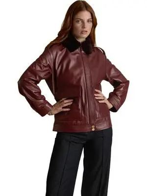 FURNIQ UK Leather Jacket With Detachable Shearling Collar - Burgundy