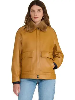FURNIQ UK Leather Jacket With Detachable Shearling Collar - Caramel