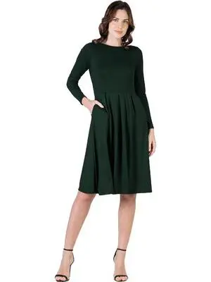 24SEVEN COMFORT APPAREL Petite Midi Fit And Flare Pocket Dress - Hunter