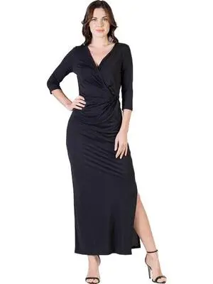 24SEVEN COMFORT APPAREL Petite Fitted V-neck Side Slit Maxi Dress - Black