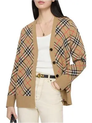 Burberry Check Cotton Wool Cardigan - Sand Beige