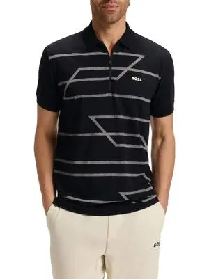 BOSS Phlix Geometric Print Cotton Zip Polo - Black