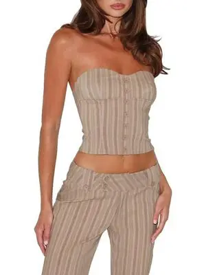 TIGER MIST Kittie Ruffle Strapless Crop Top - Taupe Stripe