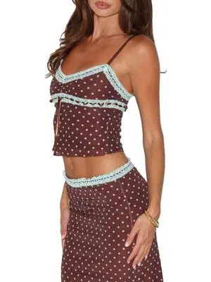 TIGER MIST Amara Lace Crop Camisole - Brown/blue Polka Dot