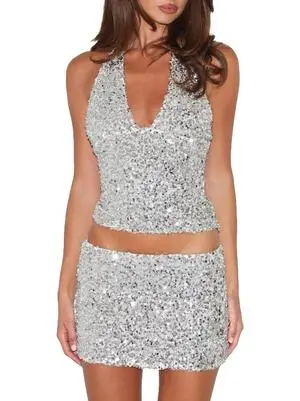 TIGER MIST Sequin Crop Halter Top - Silver