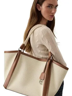 Ralph Lauren Rl 888 Calfskin-trim Woven Tote - Lux Cream/rl Gold