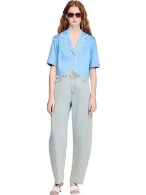 Sandro Cotton Shirt With Beaded Trim - Blue