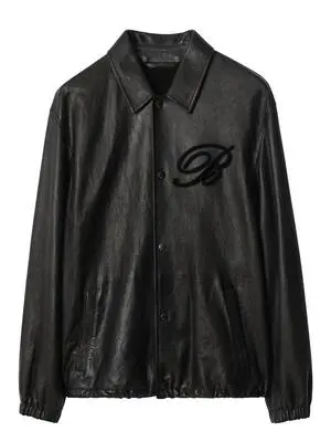 Burberry Leather Shirt Jacket With Monogram - Black