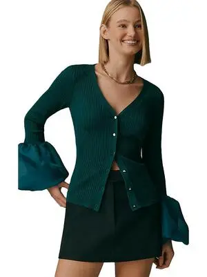 Maeve Long-Sleeve Organza Cuff Sweater Emerald