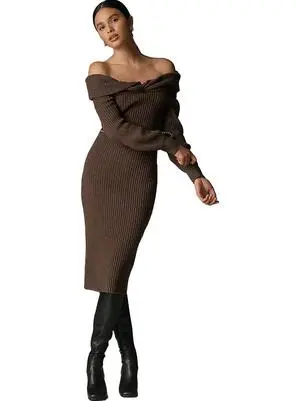 Astr The Label Tilde Plus Off-shoulder Sweater Dress - Walnut