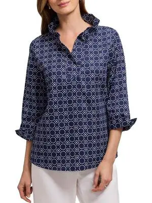 Foxcroft Tammy Cotton Ruffle Collar Top - Navy Blue/white